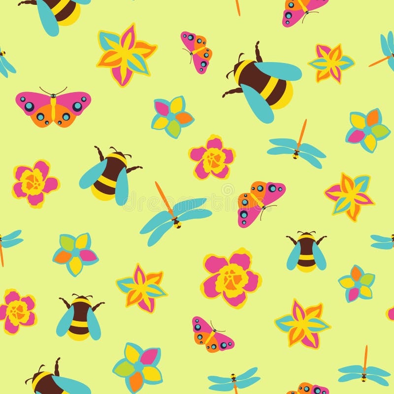 Spring and Summer Botanic Vector Seamless Pattern. Insects Spring ...