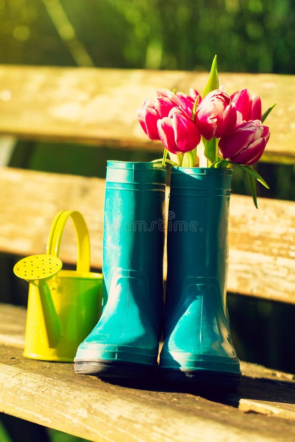 Spring or Summer Concept. Rubber Boots with Gardening Tools on G Stock ...