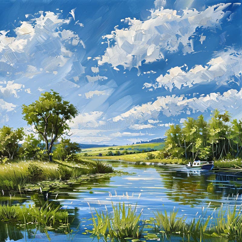 Spring Summer Landscape Blue Sky Clouds River Boat Green Trees. Stock ...