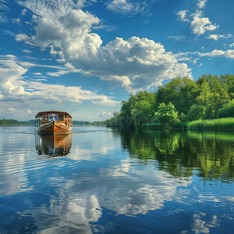 Spring Summer Landscape Blue Sky Clouds River Boat Green Trees. Stock ...