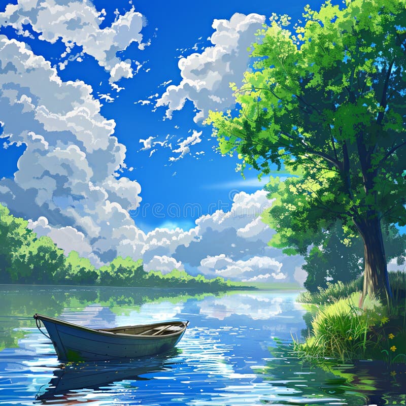 Spring Summer Landscape Blue Sky Clouds River Boat Green Trees. Stock ...