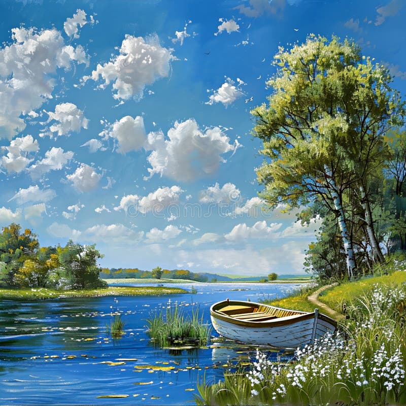 Spring Summer Landscape Blue Sky Clouds River Boat Green Trees. Stock ...