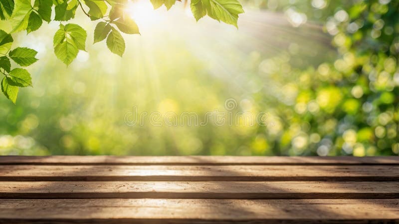 Spring Summer Natural Background with Green Foliage and Empty Wooden ...