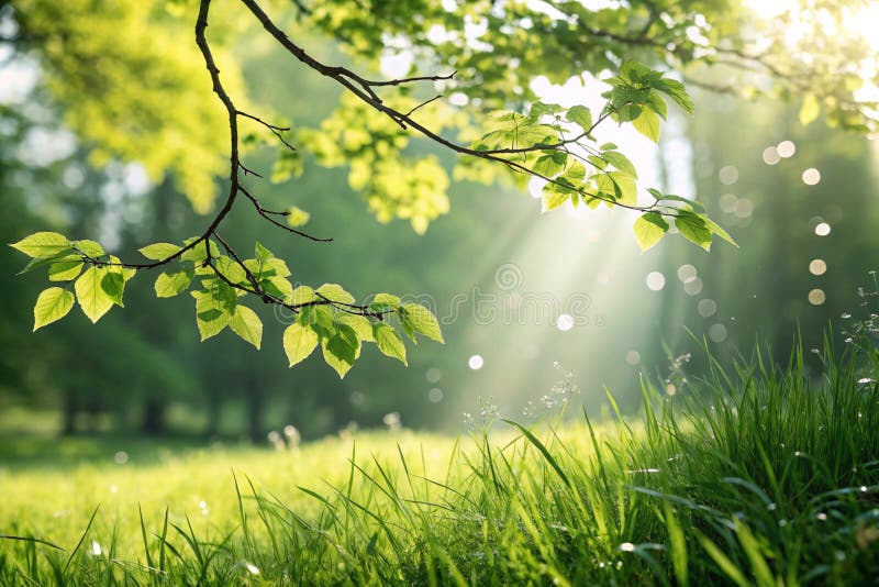 Spring Summer Nature Background with Grass, Trees, and Sun Rays Stock ...