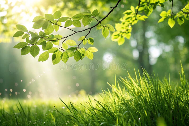 Spring Summer Nature Background with Grass, Trees, and Sun Rays Stock ... Spring Summer Nature Background with Grass, Trees, and Sun Rays Stock ...