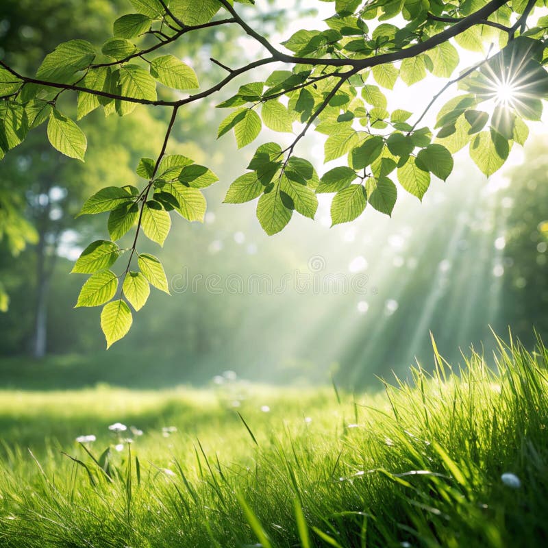 Spring Summer Nature Background with Grass, Trees, and Sun Rays Stock ...