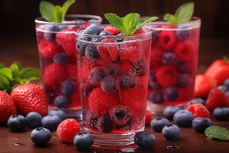 Spring or Summer Refreshing Cold Cocktail or Mocktail with Berries and ...