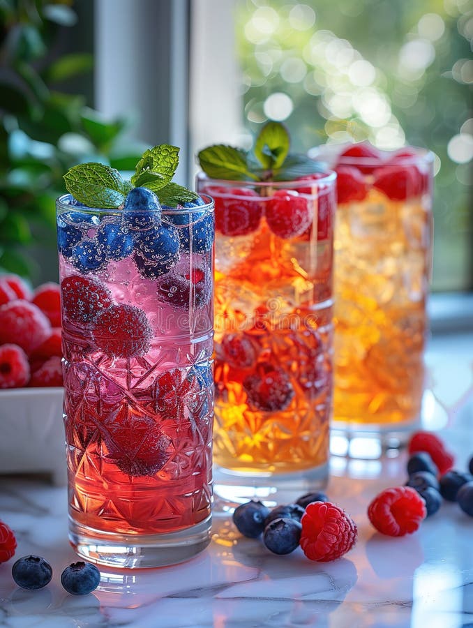 Spring or Summer Refreshing Cold Cocktail or Mocktail with Berries and ...