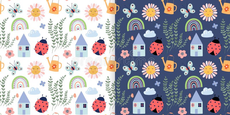 Spring Summer Seamless Patterns Set with Ladybird Stock Vector ...