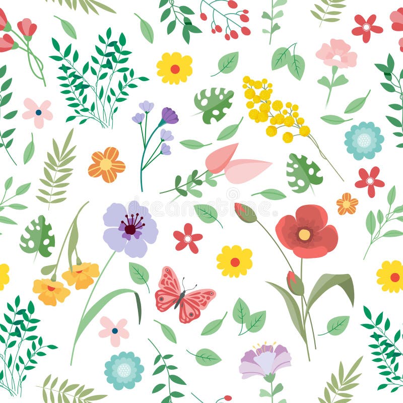 Spring and Summer Set with Seamless Pattern and Floral Elements Stock ...