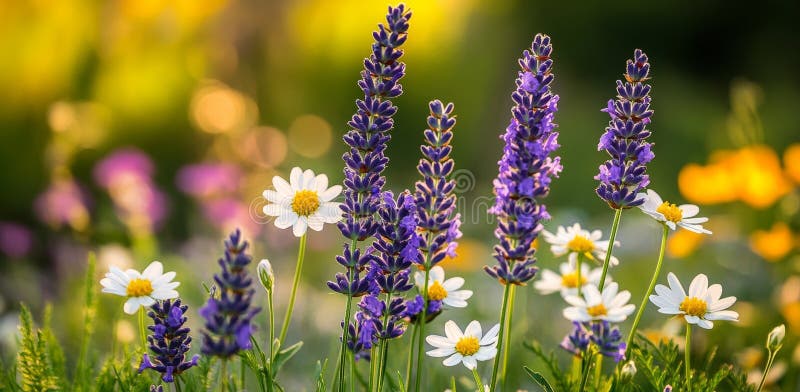 The Spring Sun Lights Up a Bright Field of Colorful Wildflowers Stock ...