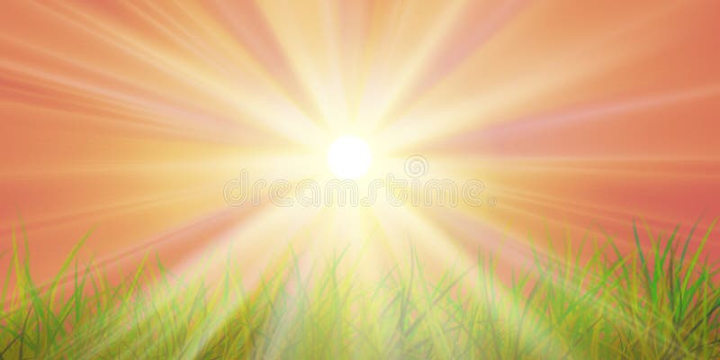Spring Sun Rays Green Grass Pink Red Sky. Spring Landscape Stock ...
