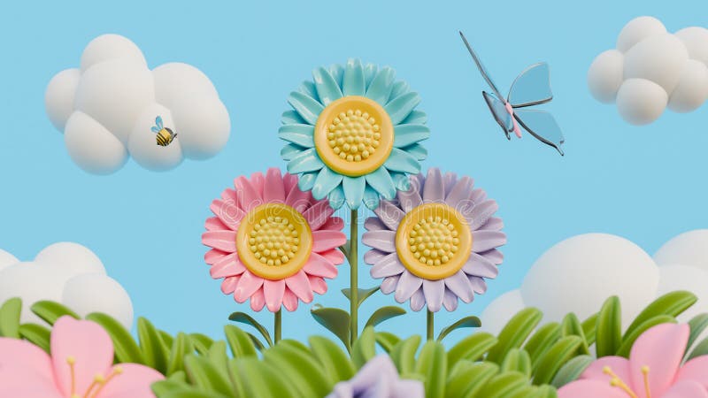 Spring Sunflower Composition 3D Render Background Stock Illustration ...