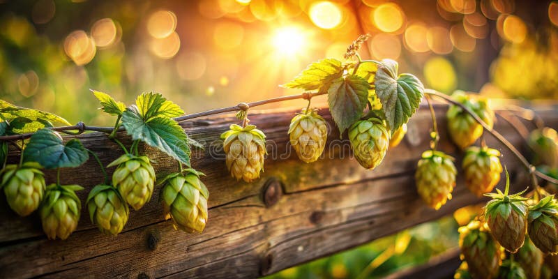 Spring Sunlight Illuminates Delicate Hops Cones on a Fence a TiltShift ...