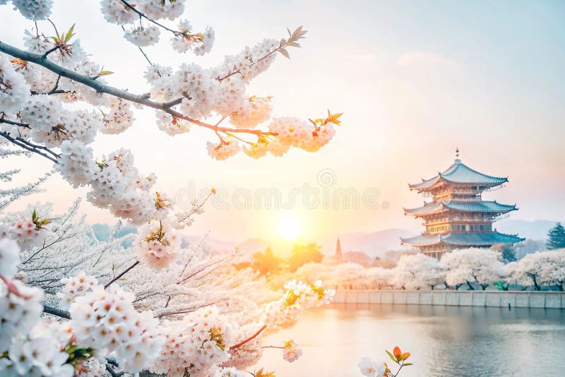 Spring Sunrise Cherry Blossoms Pagoda Stock Illustration - Illustration ...