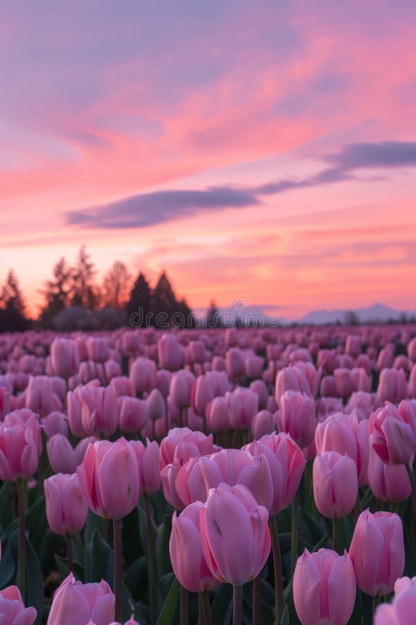 Spring Sunset Landscape Field of Beautiful Pink Tulips. Stock ...