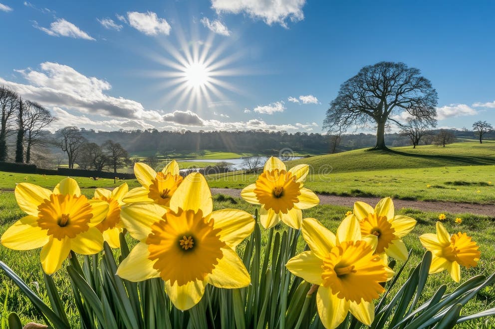 Spring Sunshine Bathes Daffodils Lining a Garden Path Stock Photo ...