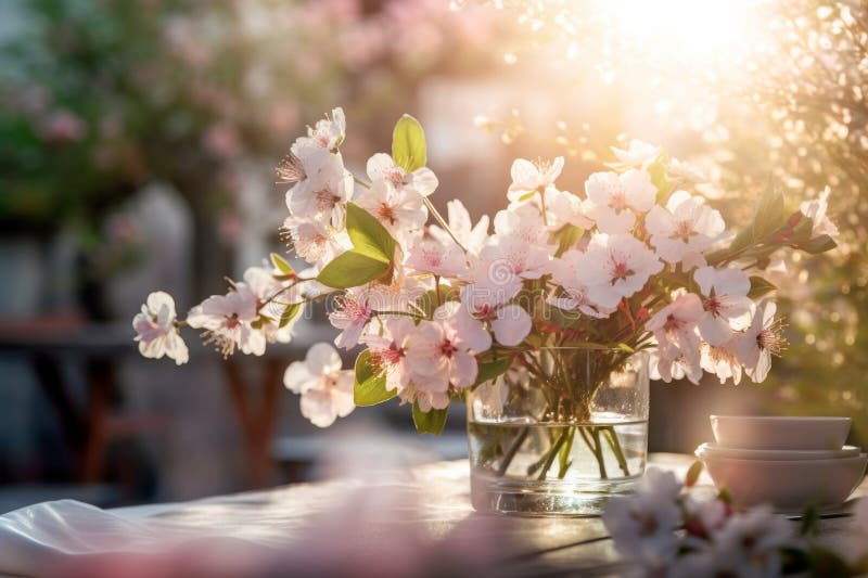 Spring Table with Flowers in Sunny Garden Stock Illustration ...