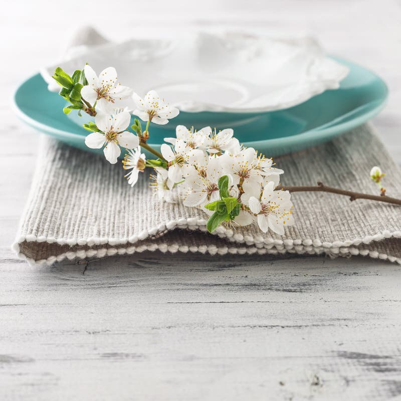 Spring Table Set with Plates and White Flowers Stock Image - Image of ...