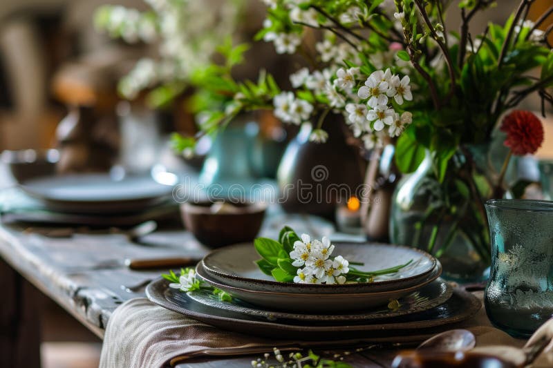 Dishes and Flowers on Set Table for Festive Dinner Stock Image - Image ...