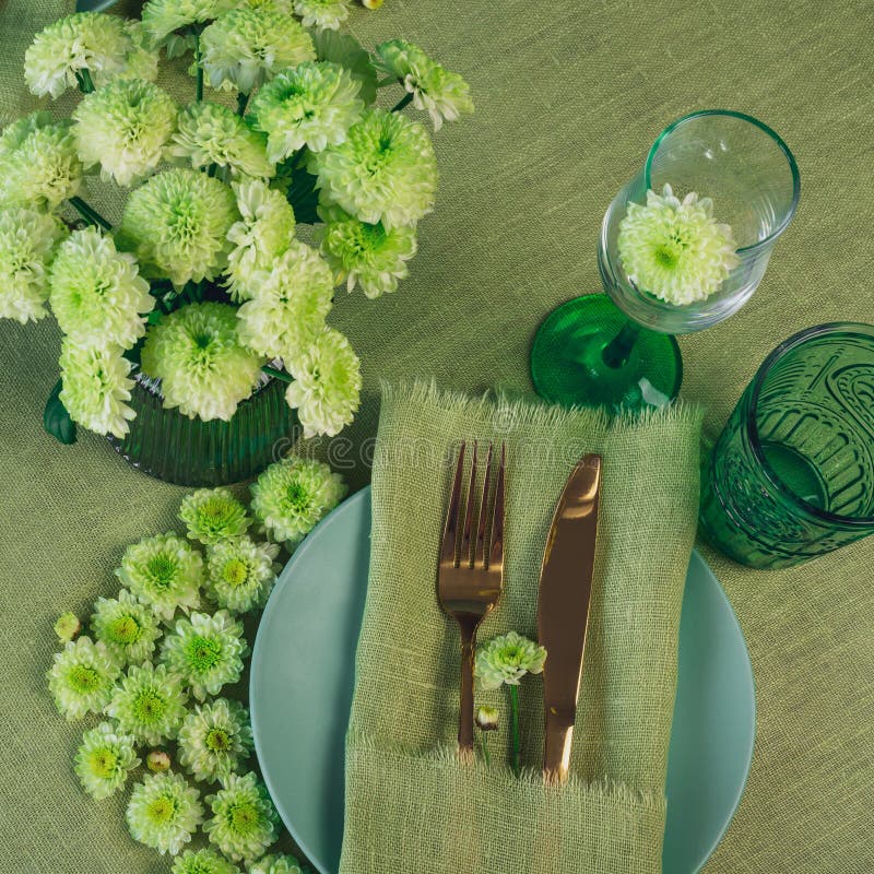 Spring Table Setting in Green Tone with Flowers Stock Photo - Image of ...