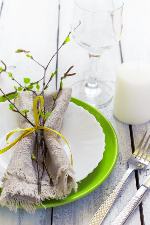Spring Table Setting at White Wooden Table with Boards Stock Photo ...