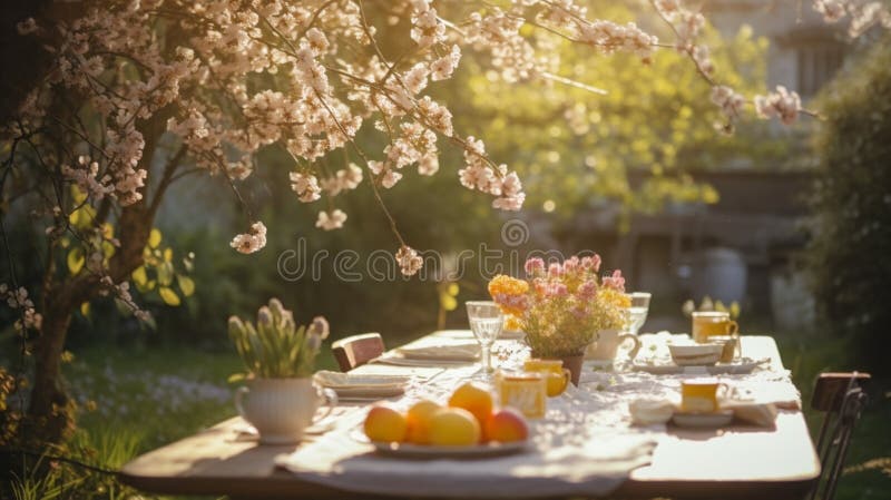 Spring Table with Trees in Blooming and Defocused Sunny Garden in ...
