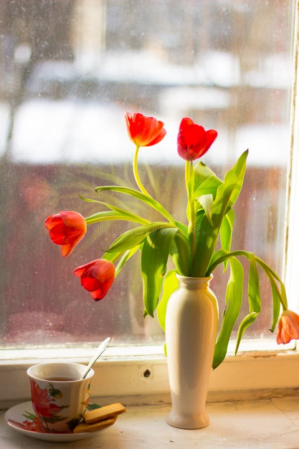 A Cup of Tea on the Windowsill and Flowers Stock Photo - Image of home ...
