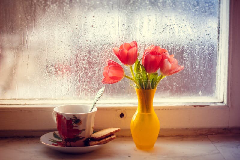 A Cup of Tea on the Windowsill and Flowers Stock Photo - Image of ...