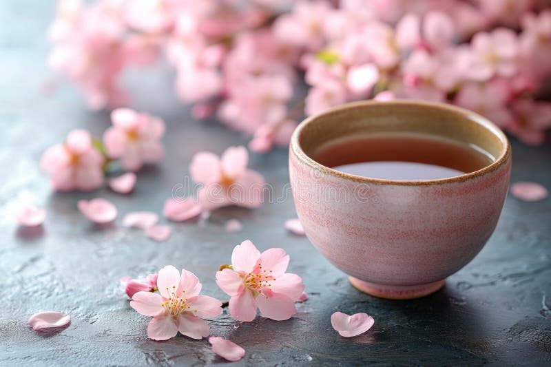 Spring Tea Ceremony with Pink Teacup and Delicate Cherry Blossoms on a ...