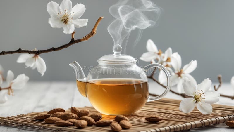 Spring Tea Glass Teapot Almond Nuts White Blossoms Stock Photo - Image ...