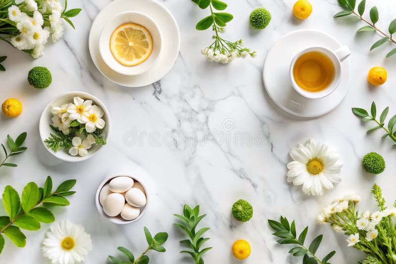 Spring Tea Set Arrangement on Marble Stock Illustration - Illustration ...