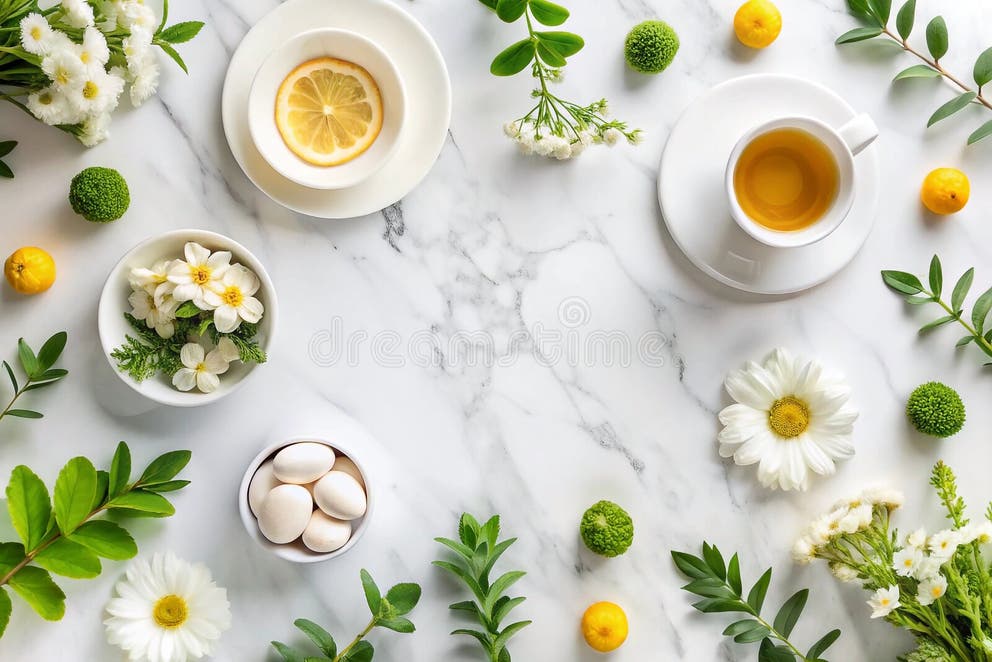 Spring Tea Set Arrangement on Marble Stock Illustration - Illustration ...