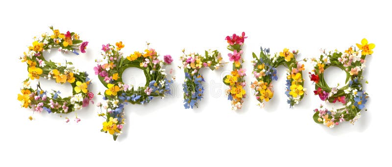 Spring Text Created with Colorful Flowers on White Background Stock ...
