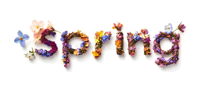 Spring Text Created with Colorful Flowers on White Background Stock ...