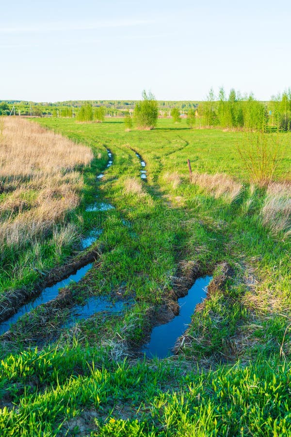 Spring Thaw and Car Ruts Filled with Water in a Rural Field Stock Image ...