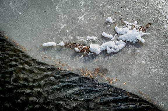 Spring Thawed Patch in the Ice of the River. Frozen Ice and Snow by the ...