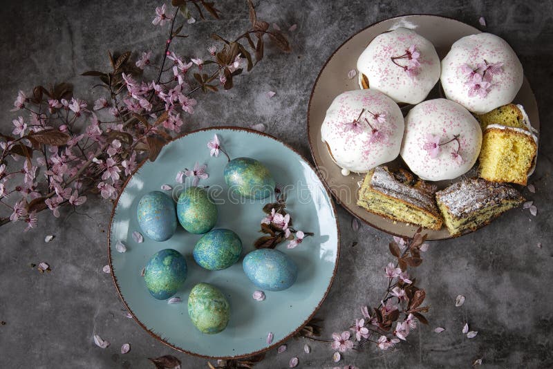 Spring Theme.Easter Bread and Eggs with Flowering Twigs . Stock Image ...