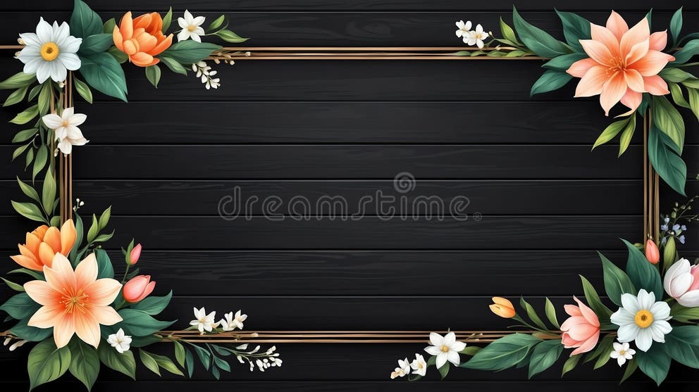 Spring Themed Border Frame on Rustic Black Woode Ai Generated Stock ...