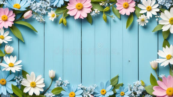 Spring Themed Border Frame on Rustic Pastel Blue Ai Generated Stock ...