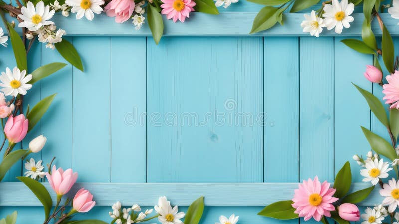 Spring Themed Border Frame on Rustic Pastel Blue Ai Generated Stock ...