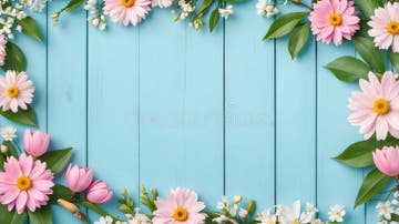 Spring Themed Border Frame on Rustic Pastel Blue Ai Generated Stock ...