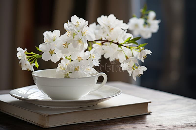 Spring Themed Coffee and Book Next To a Serene White Cup of Peaceful ...