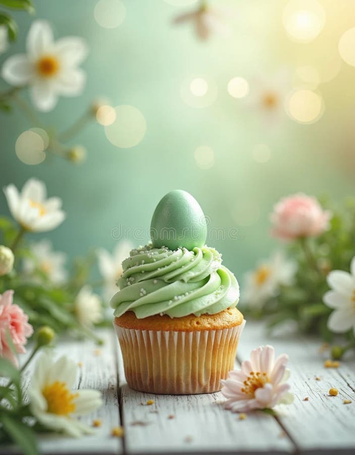 Spring-Themed Cupcakes with Green Frosting and Decorative Easter Eggs ...