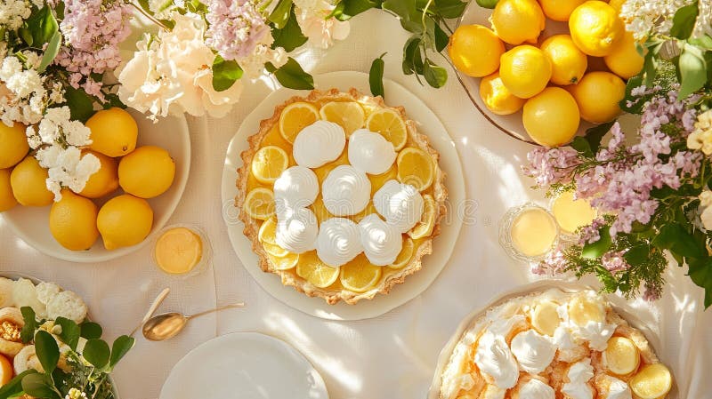 A Spring-themed Dessert Table Featuring Lemon Meringue Pies and Fresh ...