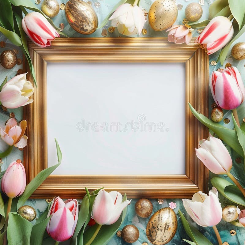 Spring Themed Picture Frame with Easter Eggs and Tulip Blossoms Stock ...