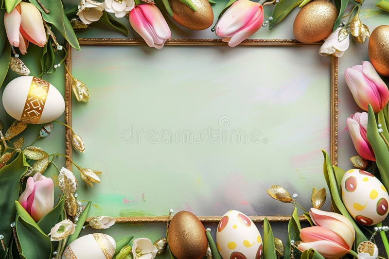 Spring Themed Picture Frame with Easter Eggs and Tulip Blossoms Stock ...