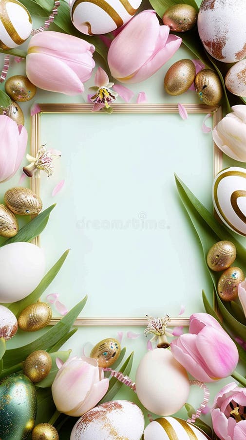 Spring Themed Picture Frame with Easter Eggs and Tulip Blossoms Stock ...