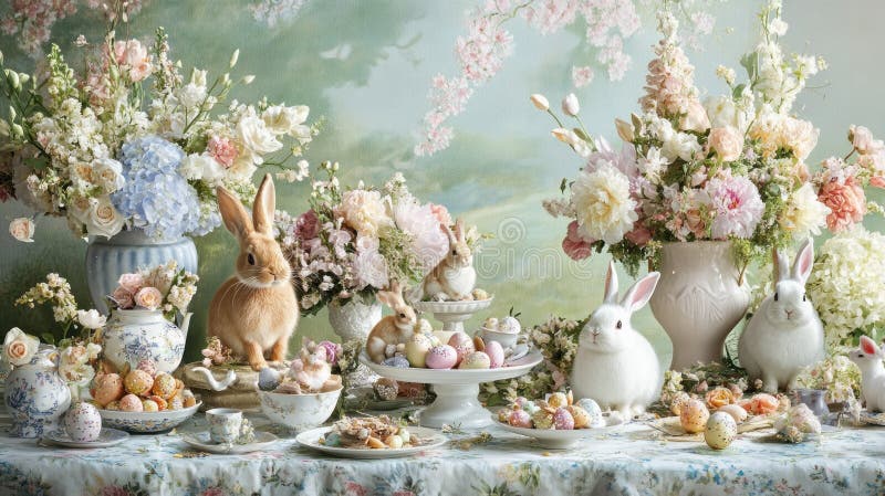Spring-themed Table Setting with Bunnies and Flowers Stock Illustration ...