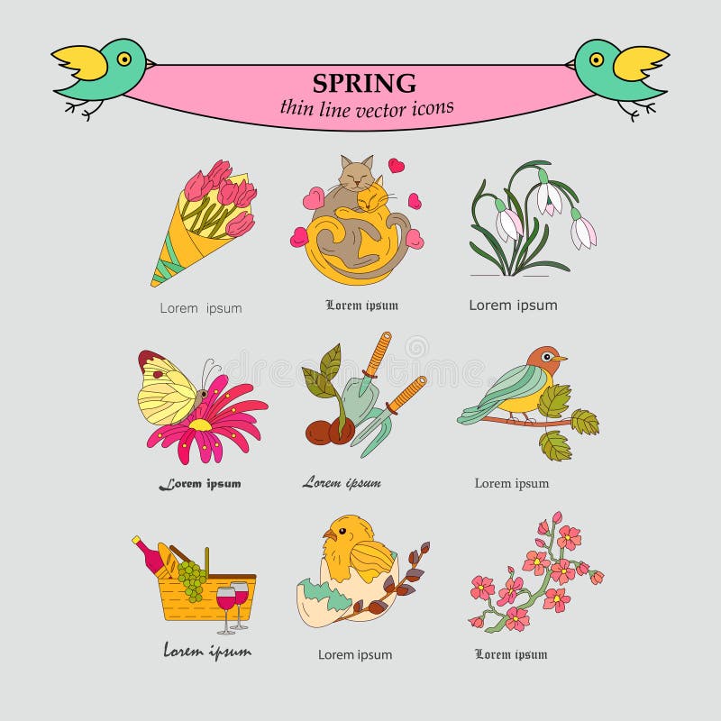 Spring Thin Line Colored Vector Icons. Stock Vector - Illustration of ...
